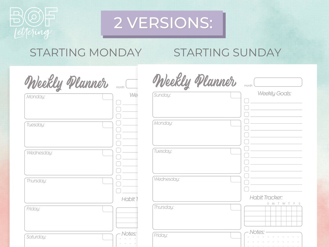 Weekly Planner / Color Variations / Printable Planner / Starting Sunday ...