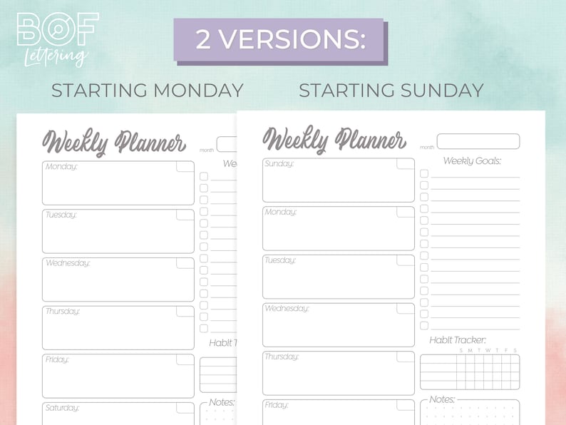 Weekly Planner / Color Variations / Printable Planner / Starting Sunday ...