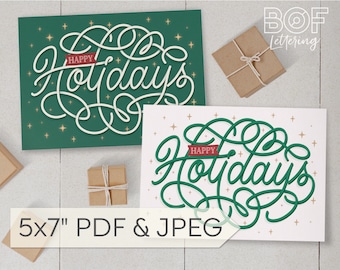 Printable Christmas Card / Happy Holidays Flourishes / Hand Lettering ...