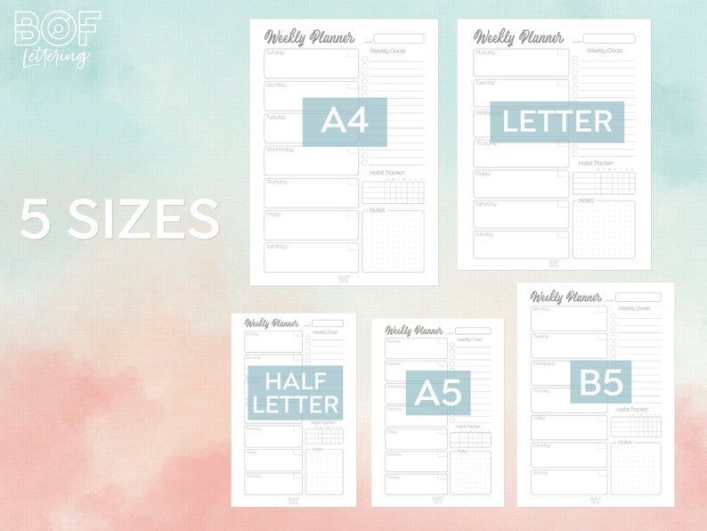Weekly Planner / Color Variations / Printable Planner / Starting Sunday / A4 / Half / Letter ...