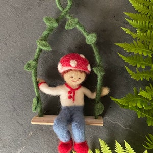 Miniature Felt Fairy, Mushroom Gnome, and Toadstool Elf on a Swing ...