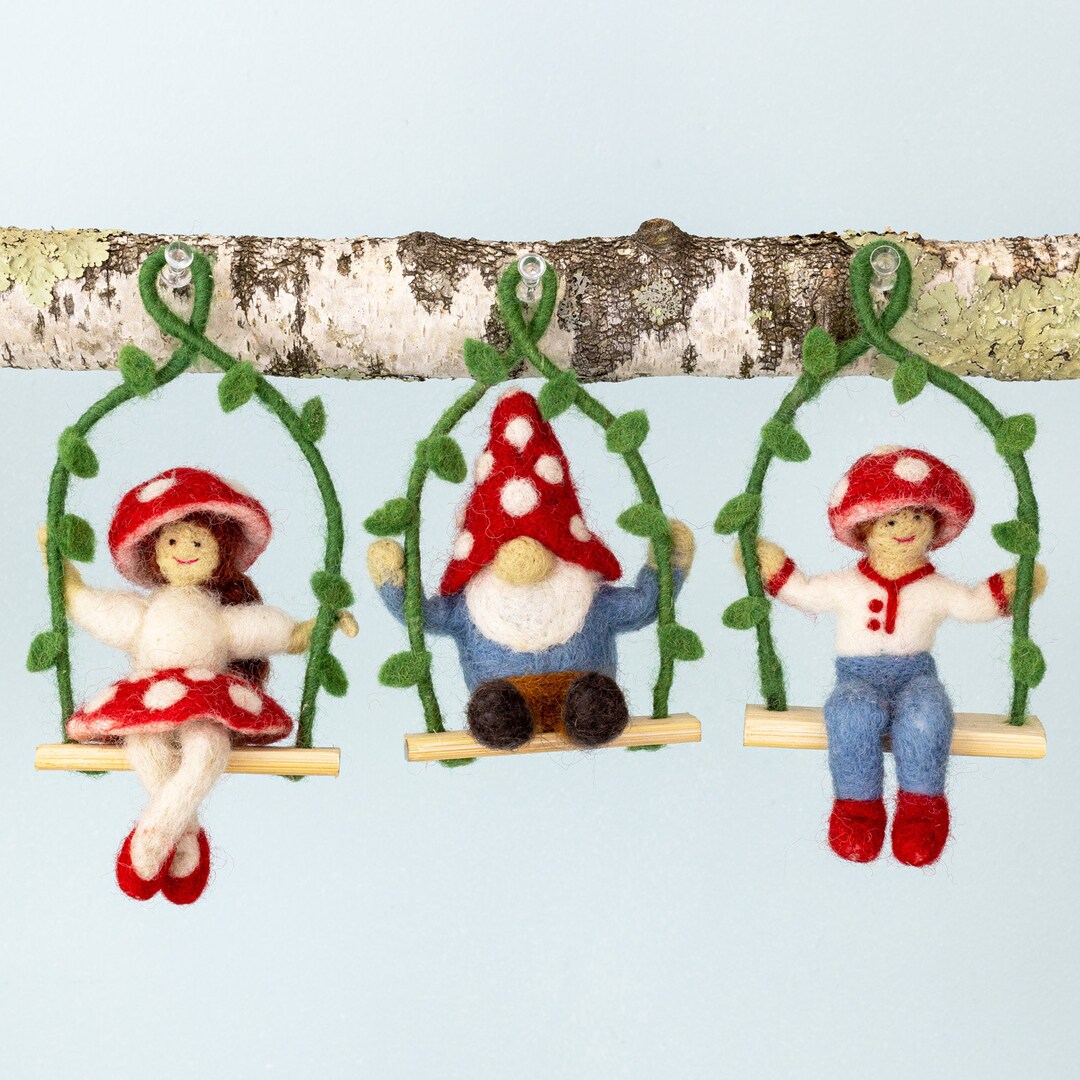 Miniature Felt Fairy, Mushroom Gnome, and Toadstool Elf on a Swing ...