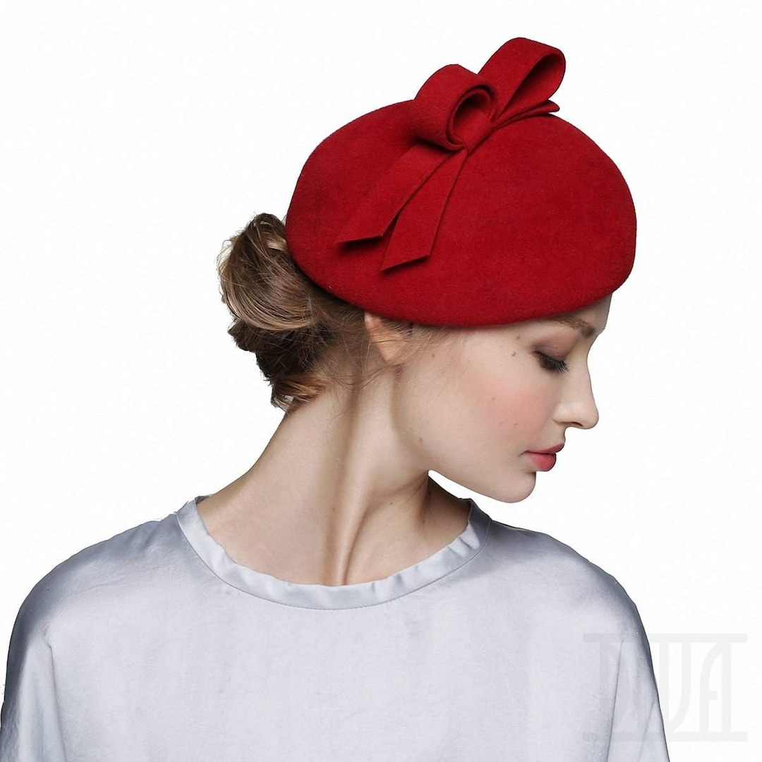 Red Beret Hat Fur Felt With Bow - Etsy