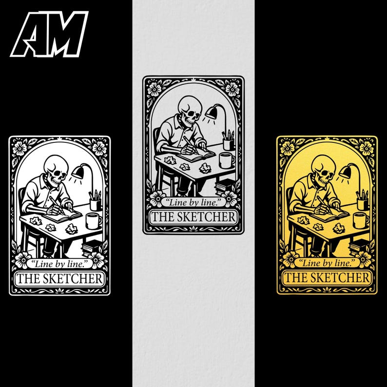 The Sketcher Skeleton Art – Blackwork Line Drawing of Artist Skull ...