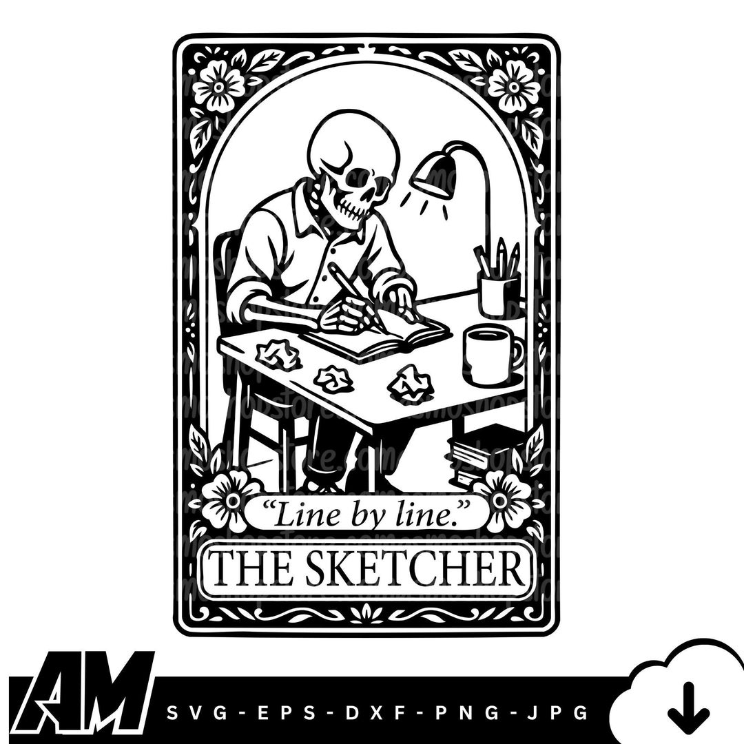 The Sketcher Skeleton Art – Blackwork Line Drawing of Artist Skull ...