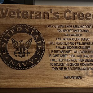 Laser Engraved Veteran Creed Plaque: Military Wall Art, Wood Sign - Etsy