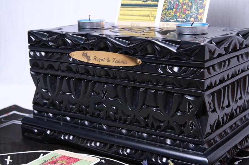 Hand Carved Triple Moon Tarot Box • Black Wooden Pentacle Chest - Etsy