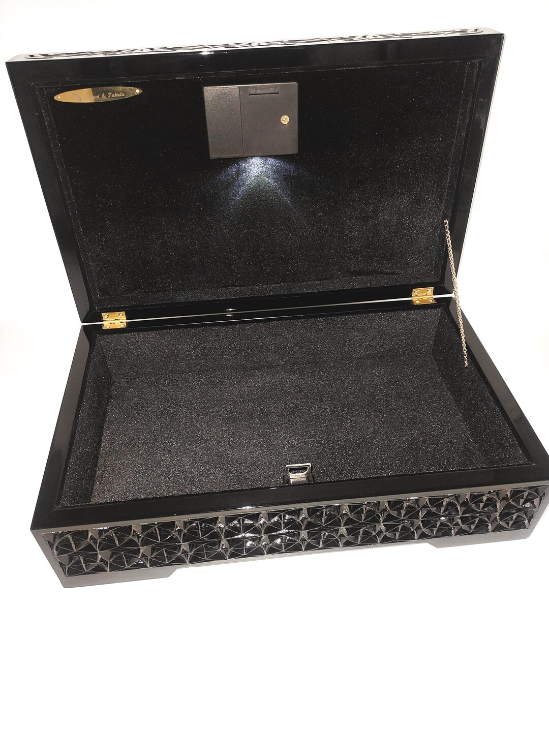 Handmade Black Wooden Tech Box: Geometric Carving, RFID Lock & LED ...
