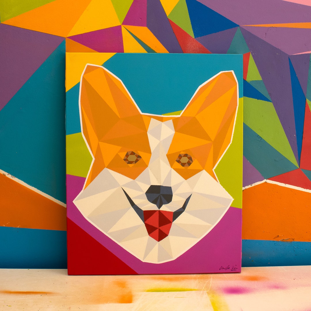 Corgi Geometric Pet Portrait Canvas Painting 20x16" - Etsy