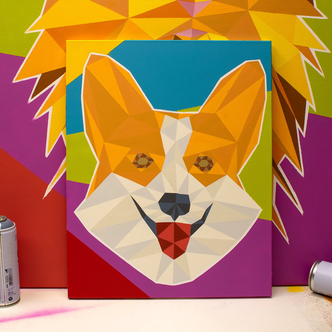 Corgi Geometric Pet Portrait Canvas Painting 20x16 - Etsy