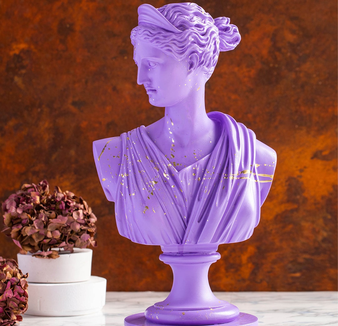 Art Statue Artemis Bust Purple Gold Sculpture Greek Goddess Home Decor ...