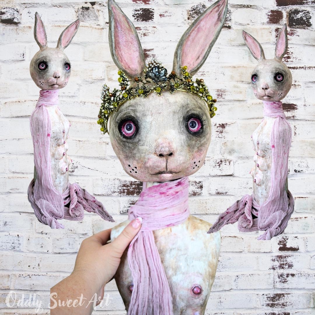 Lady Tall Hand Sculpted Bunny Rabbit Art Doll Crown Glass Eyes Lowbrow ...