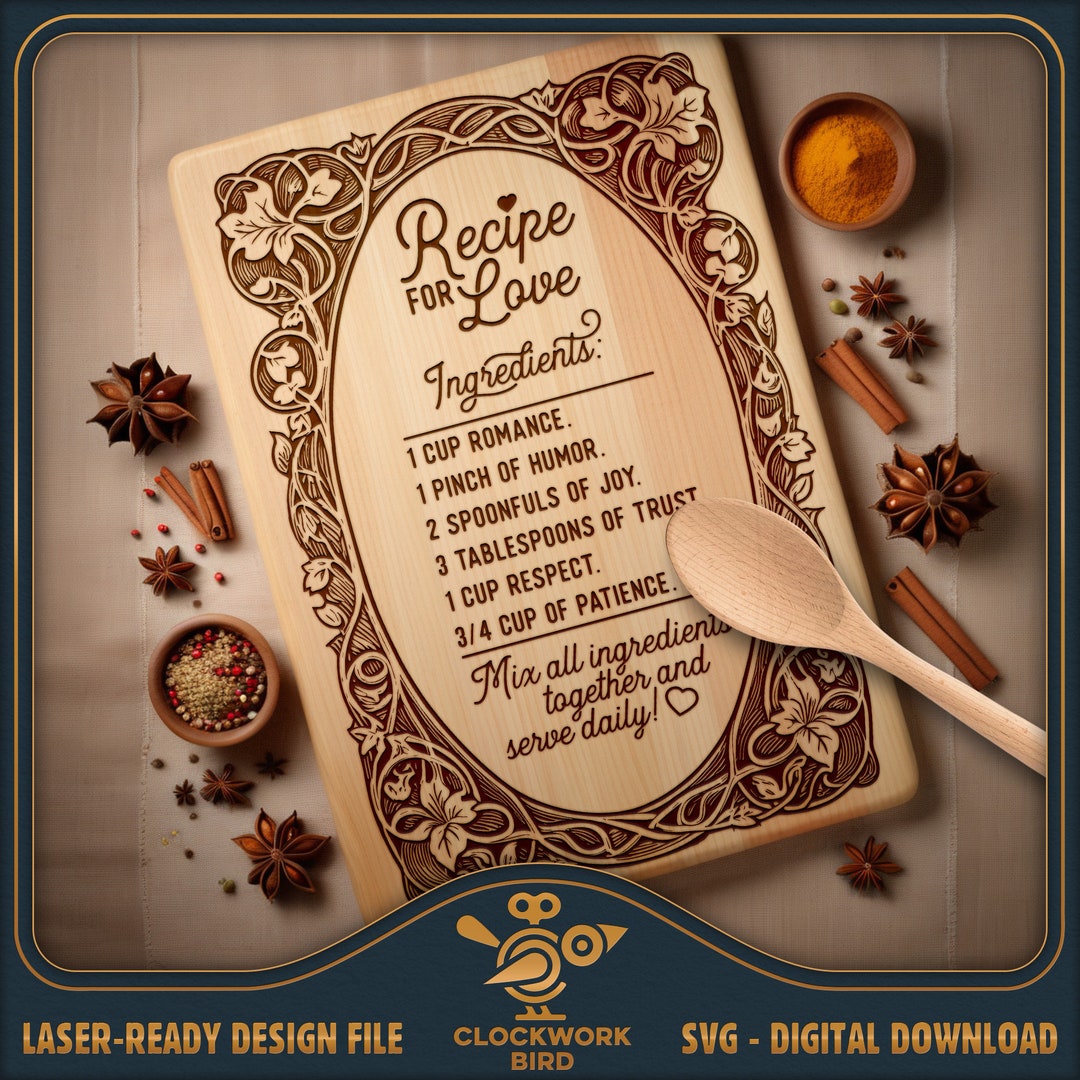 Recipe for Love Cutting Board SVG: Vintage Laser Engraving File - Etsy
