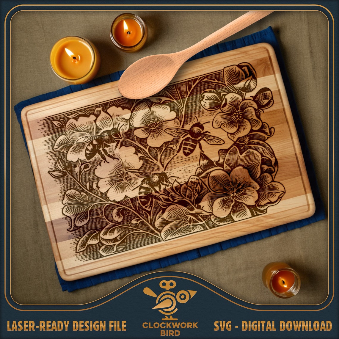 Honeybee Blossom Cutting Board SVG: Vintage Laser File - Etsy