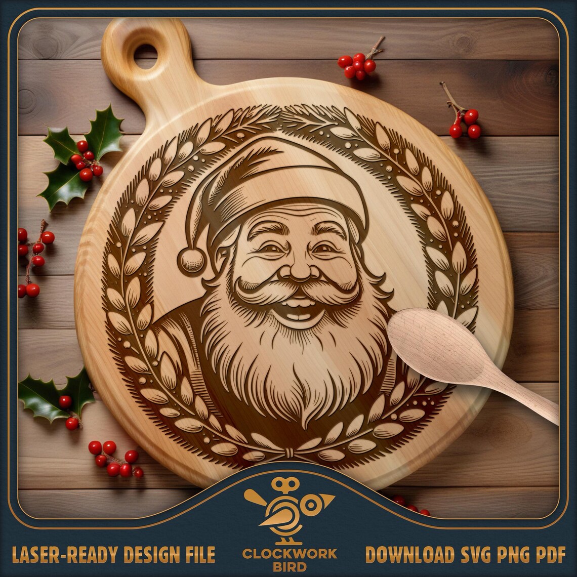 Santa Claus Christmas Wreath Cutting Board SVG: Laser Engraving File - Etsy