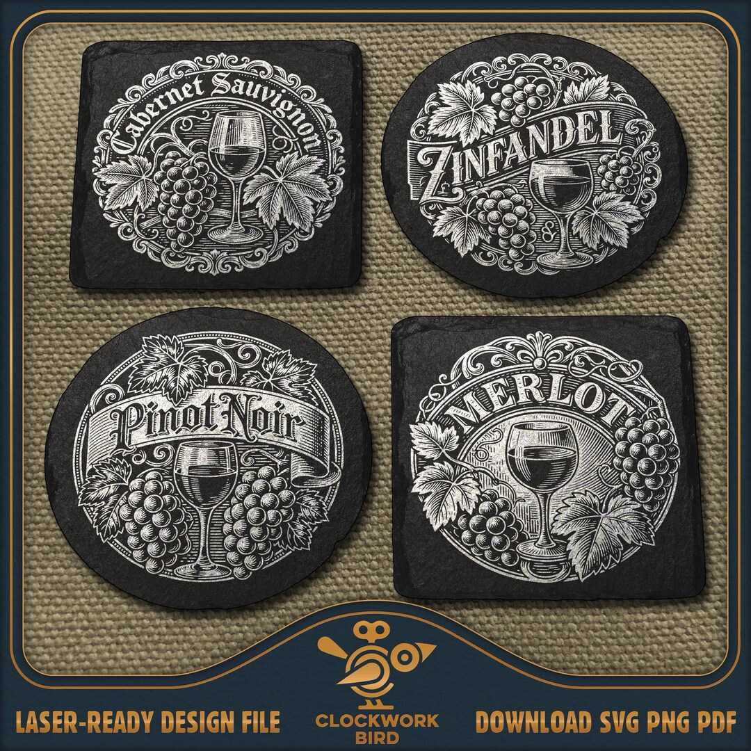 Red Wine Lover Coaster Set Laser Files: Vintage Style Slate Engraving ...