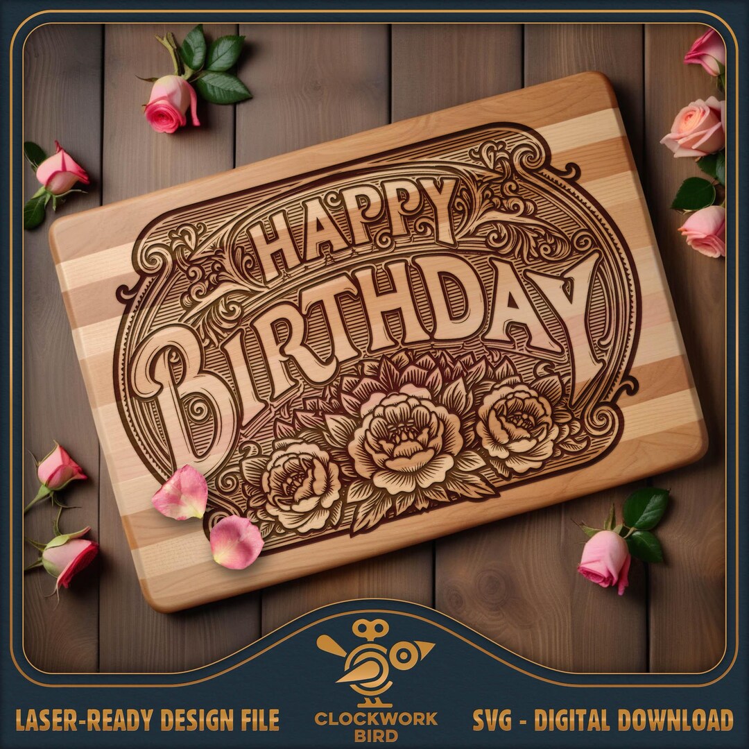 Floral Birthday Cutting Board SVG: Vintage Laser Engraving File - Etsy