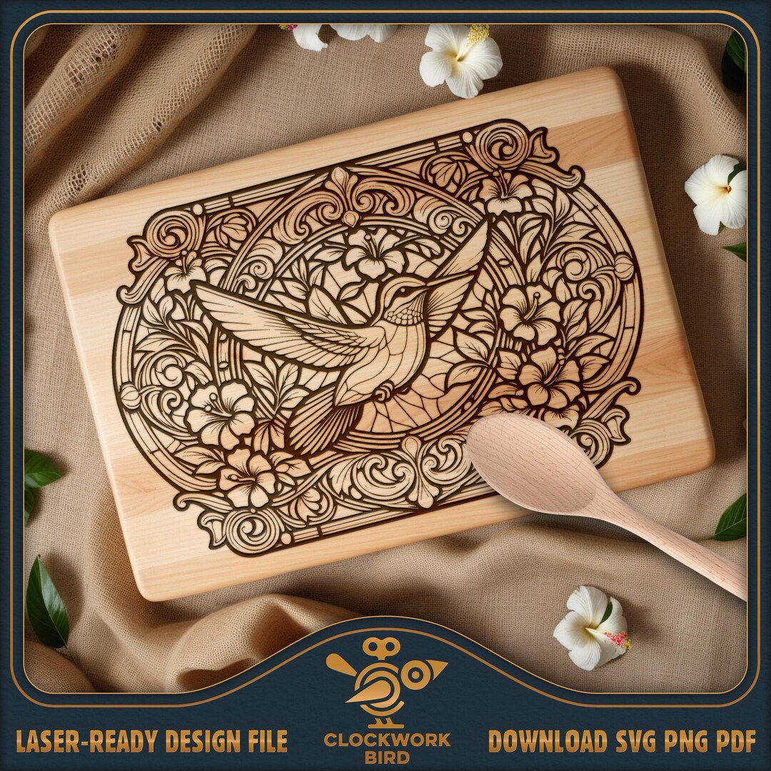 Hummingbird Stained Glass Cutting Board SVG: Vintage Laser Engraving ...