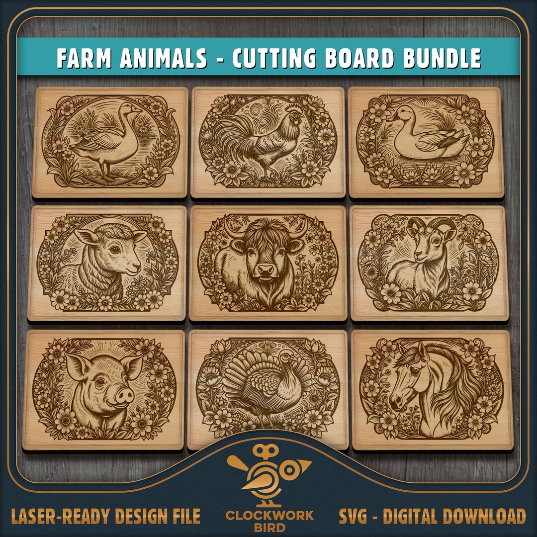 Farm Animals Cutting Board Bundle - SVG Laser Files, Vintage Style ...