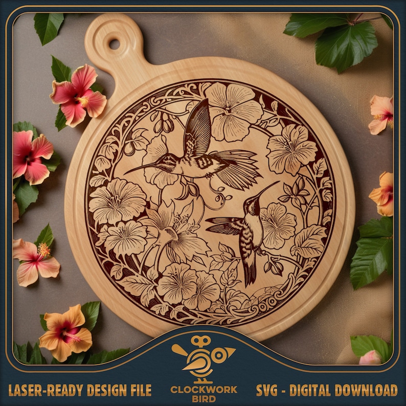 Hummingbird Hibiscus Cutting Board SVG: Laser Engraving File - Etsy
