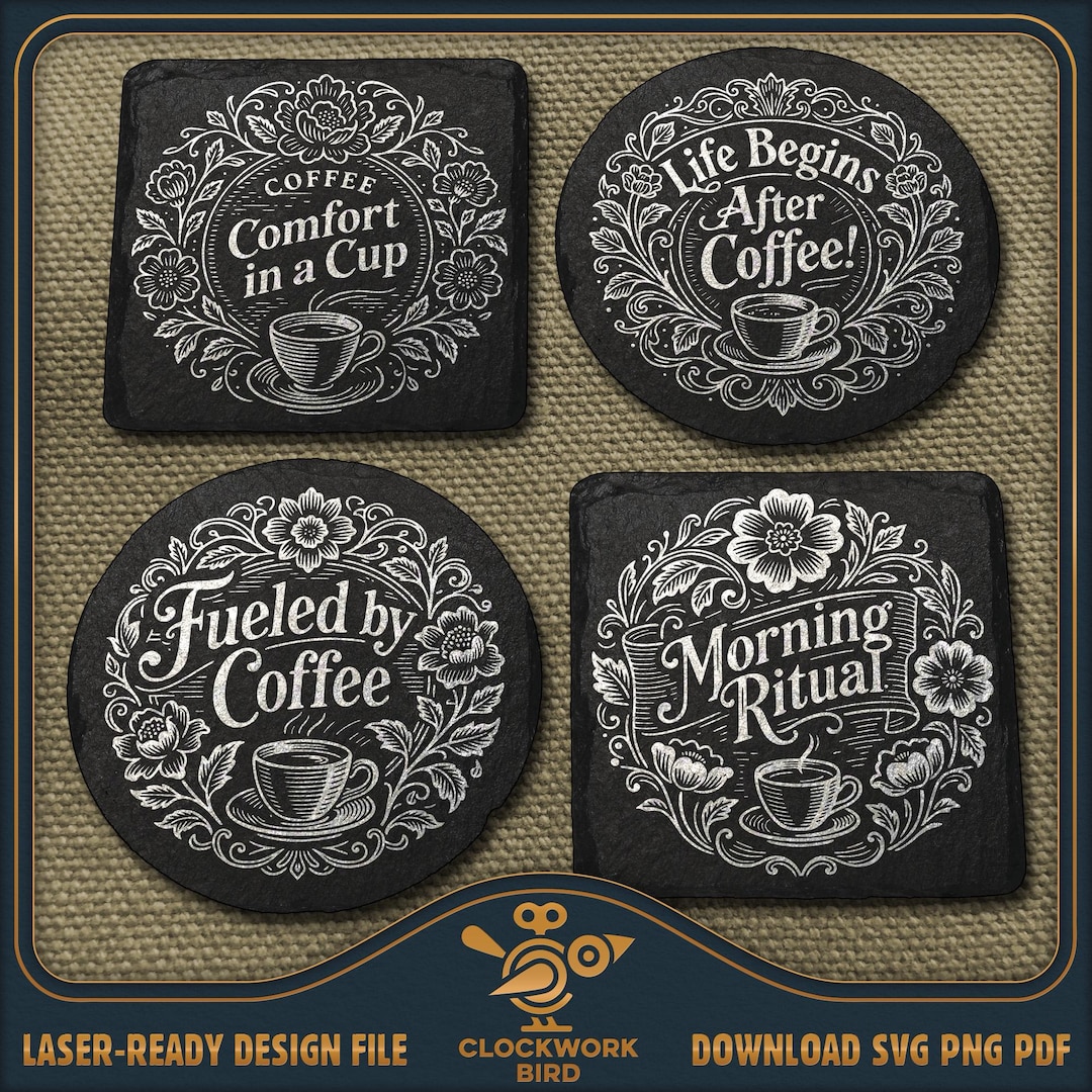Coffee Lover Coaster Set Laser Files: Vintage Style Slate Engraving ...