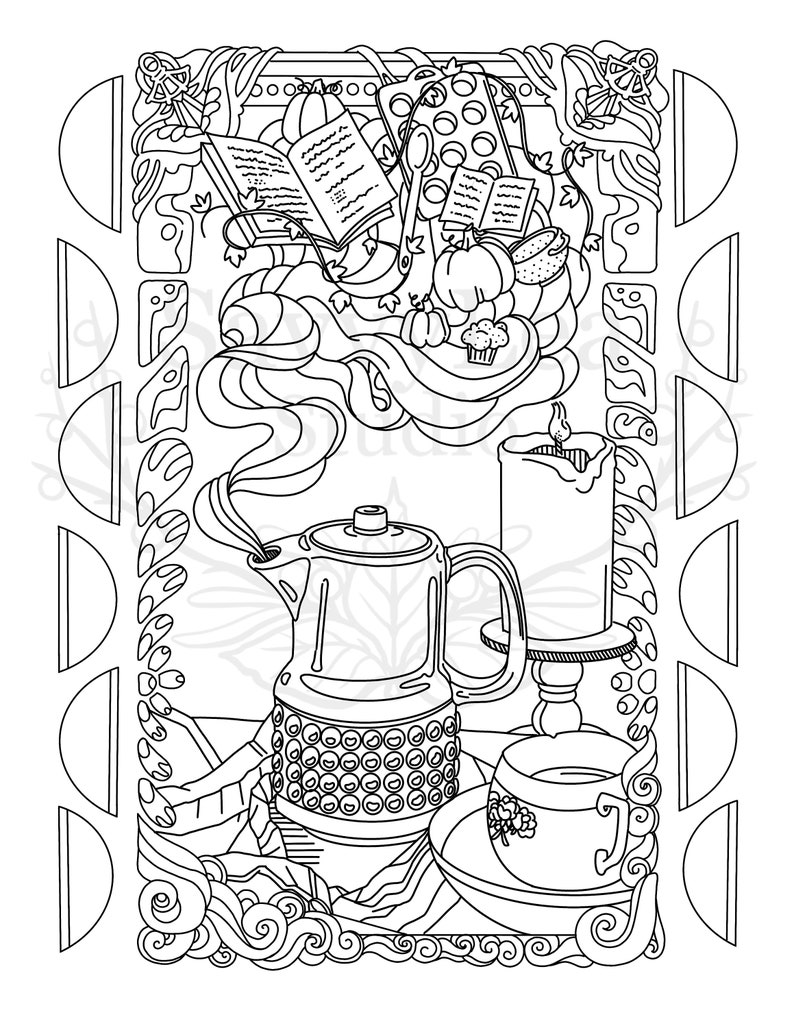 Printable Tea Time Coloring Page, Cozy Coloring Page, Adult Coloring ...