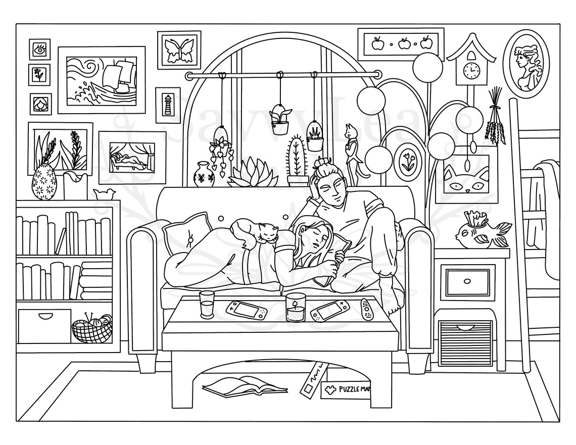 Printable Cozy Couple Coloring Page Adult Coloring Page - Etsy
