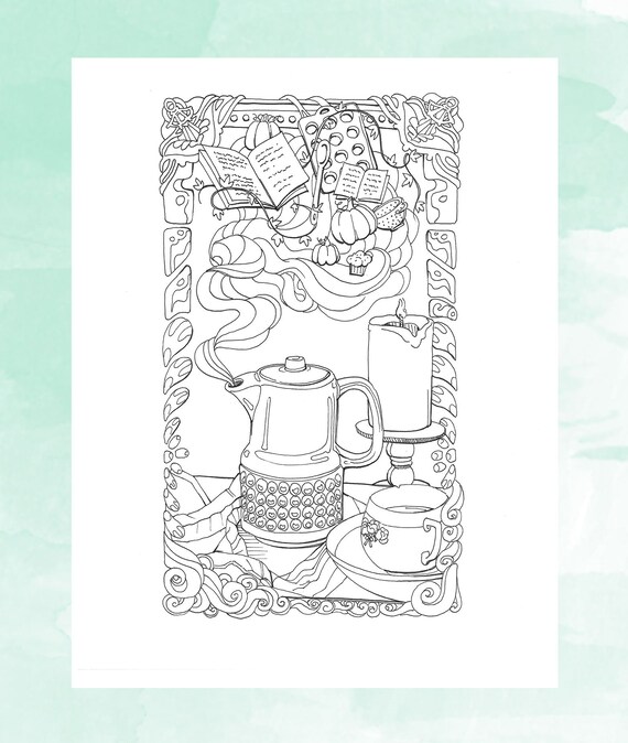 Printable Tea Time Coloring Page Cozy Coloring Page Adult | Etsy