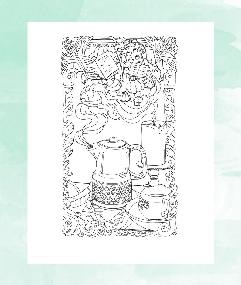 Printable Tea Time Coloring Page Cozy Coloring Page Adult | Etsy