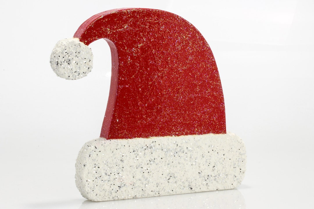 7 1/4" Red Santa Hat, Sparkly, Free Standing, Painted Wood, 3/4 ...