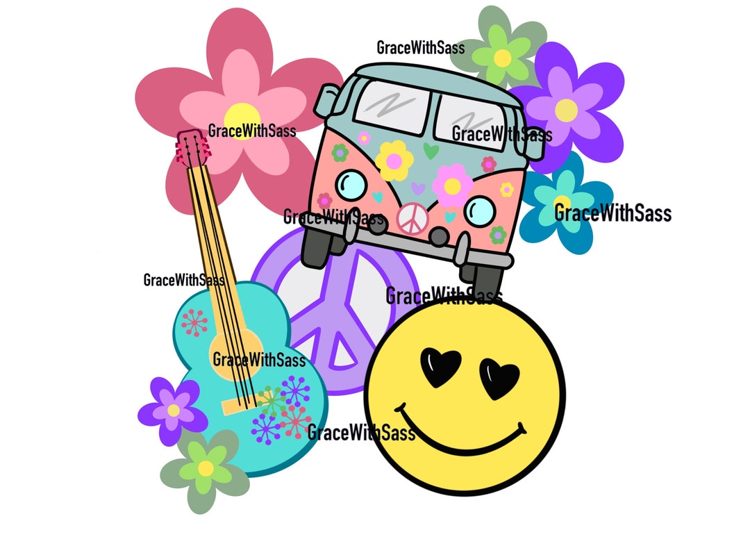Hippie Collage Png, Digital File, Smiley Face, Flower Power, Hippie Van ...