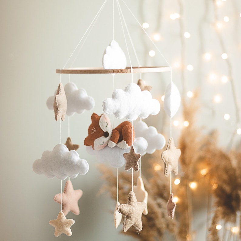 Baby Mobile Sleeping Fox With Clouds and Stars in Beige and Brown Tones ...