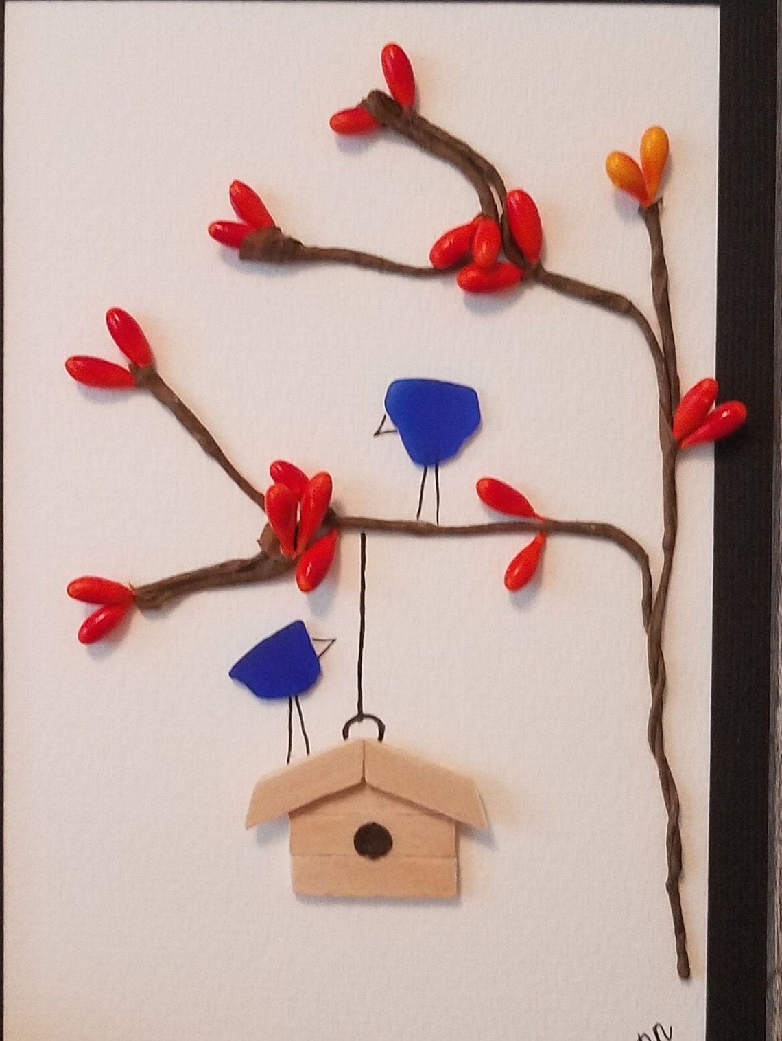 Birds in Autumn Fall Foliage Pebble Art Sea Glass Art - Etsy