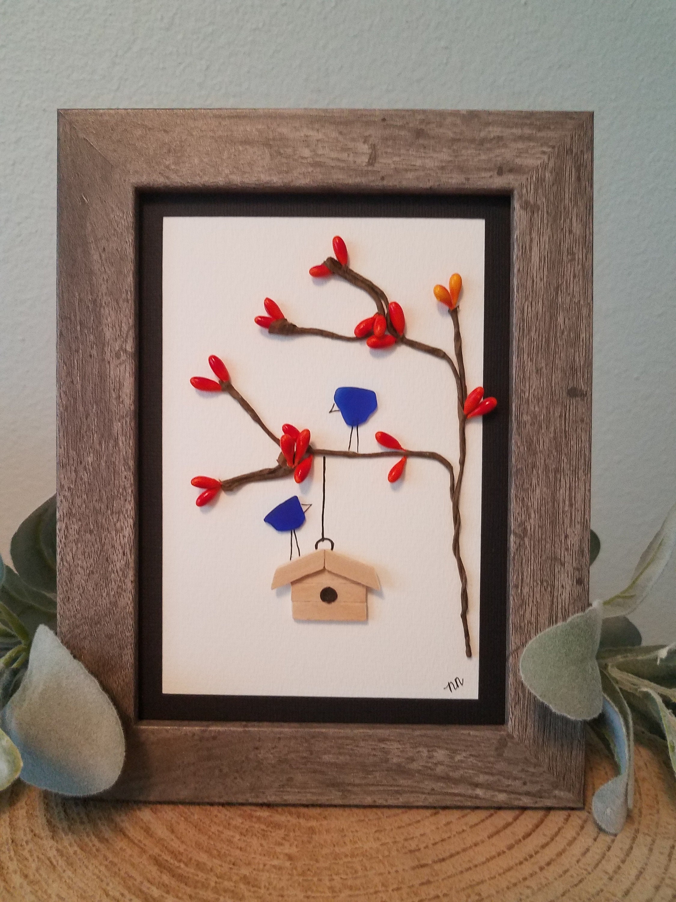 Birds in Autumn Fall Foliage Pebble Art Sea Glass Art - Etsy