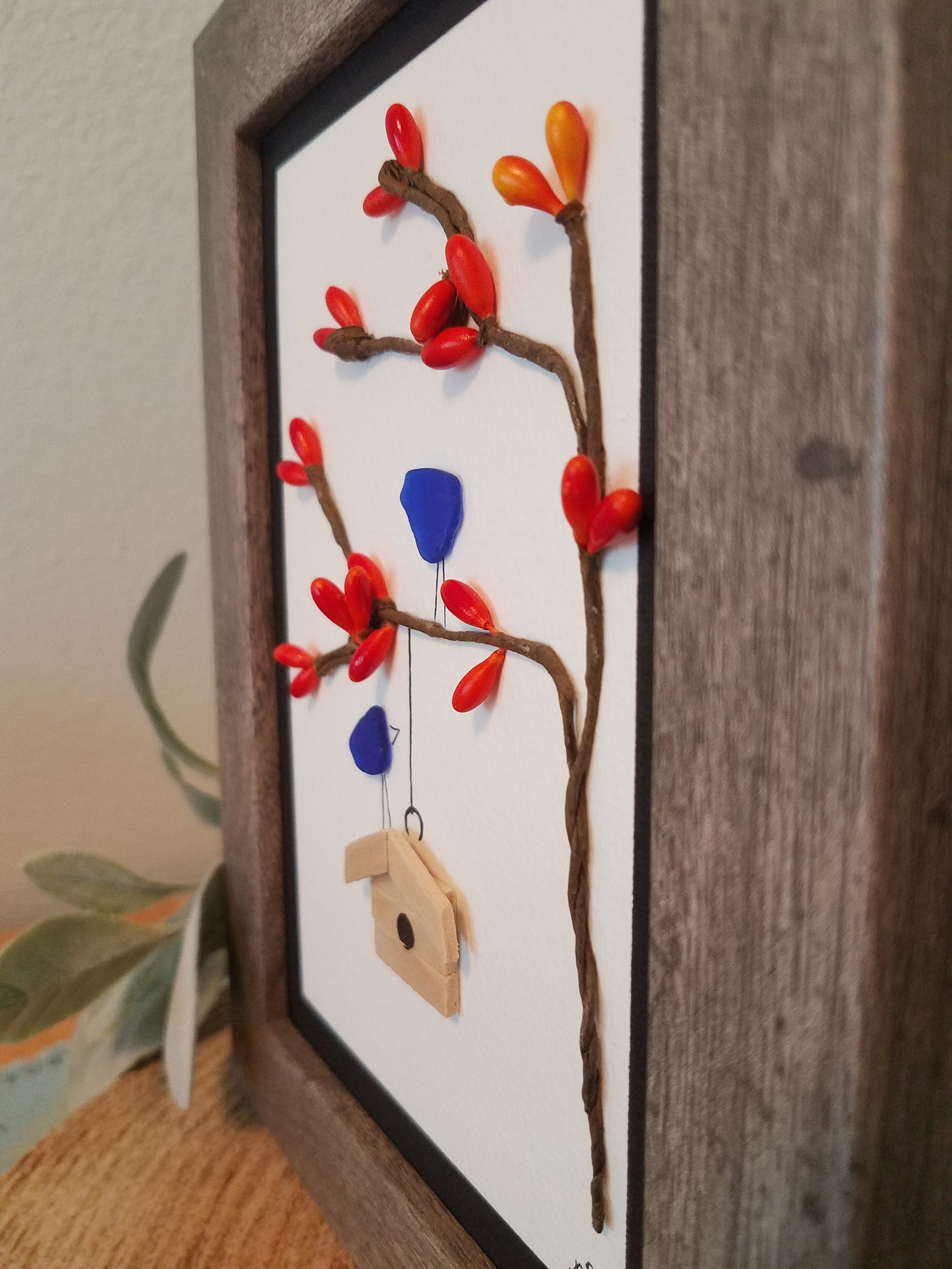 Birds in Autumn Fall Foliage Pebble Art Sea Glass Art - Etsy