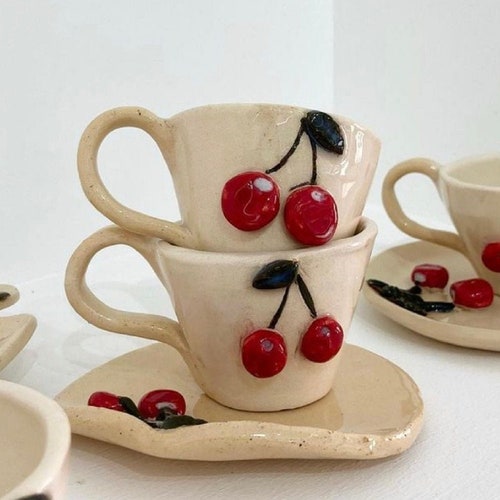 Handmade Cherry Ceramic Cup and Saucer - Etsy