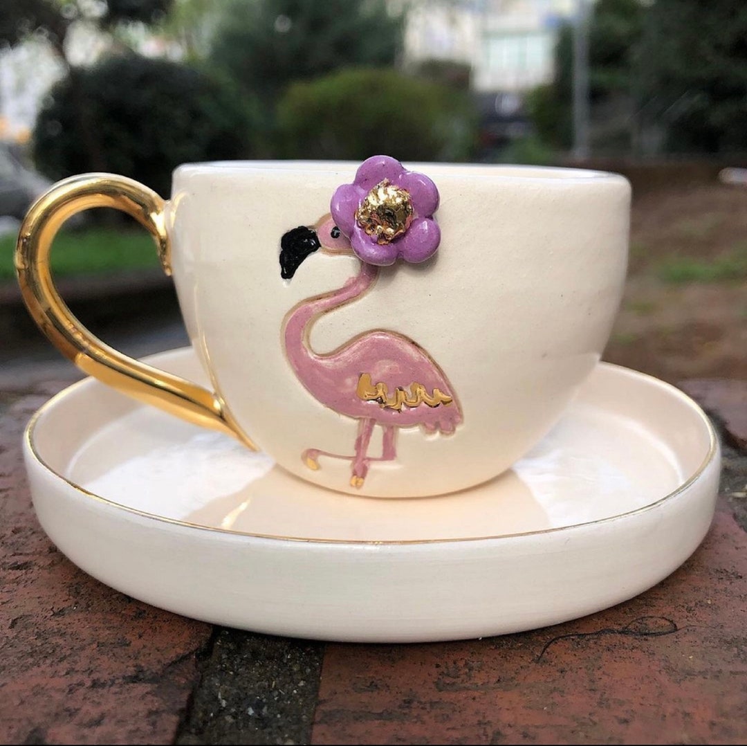Handmade Flamingo Ceramic Cup and Saucer 3D Pottery Cup and - Etsy