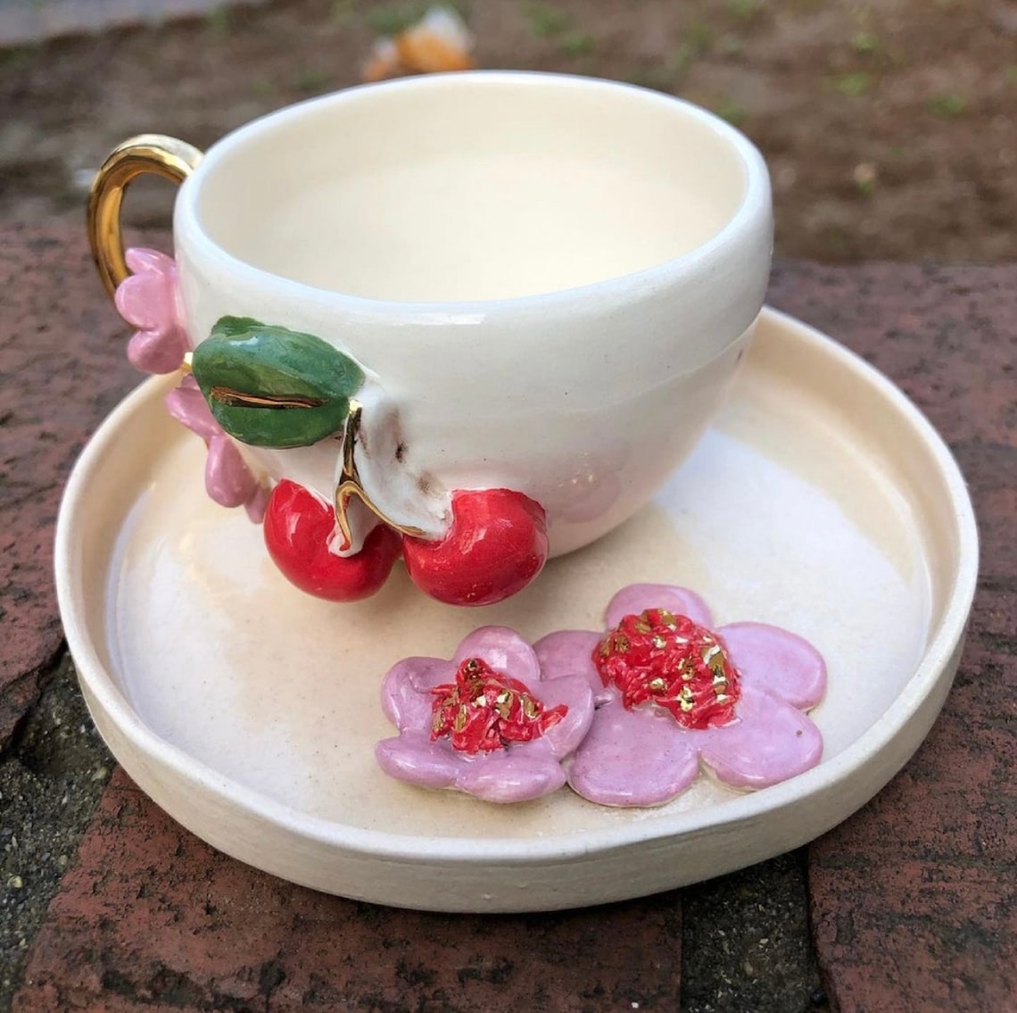 Handmade Cherry Ceramic Cup and Saucer 3D Pottery Cherry | Etsy