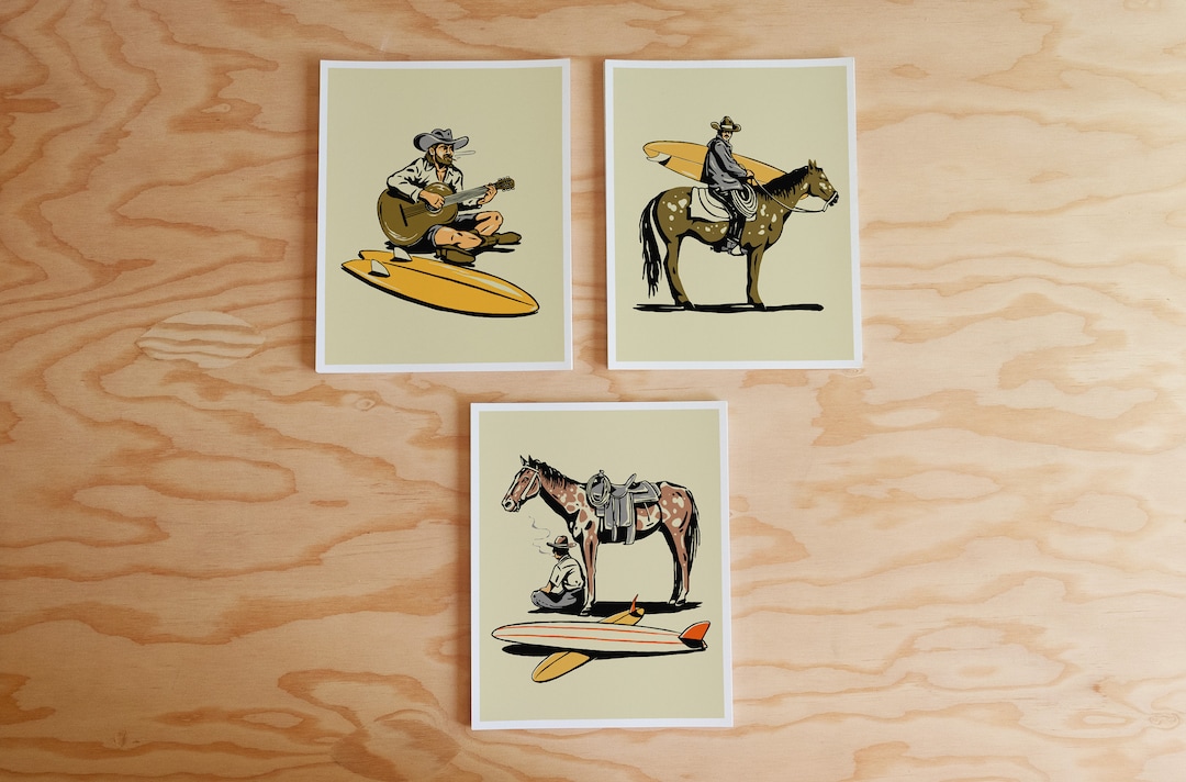 Dusty Surf Cowboy Series - Western Illustration Poster - Etsy