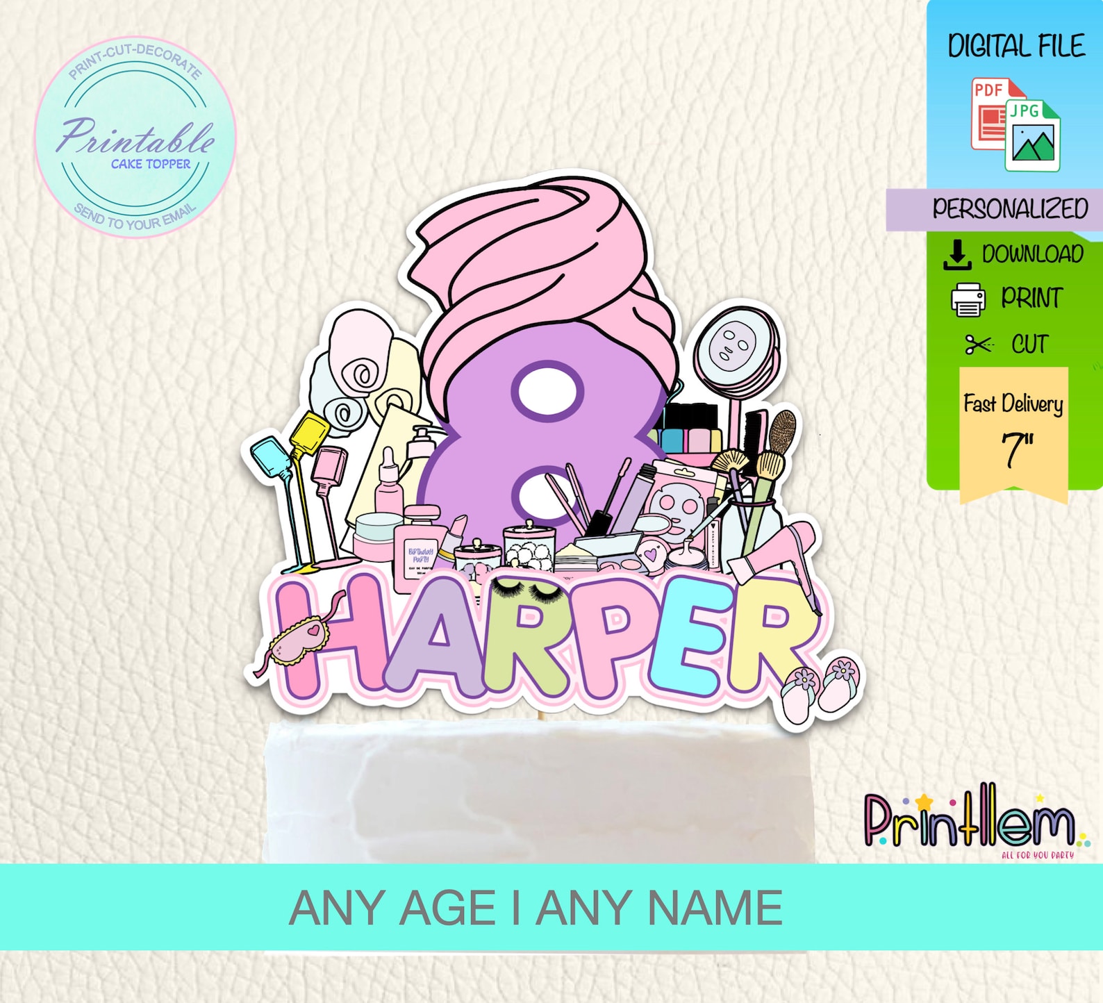 Personalized Spa Birthday Cake Topper, Printable Party Decor | Digital ...