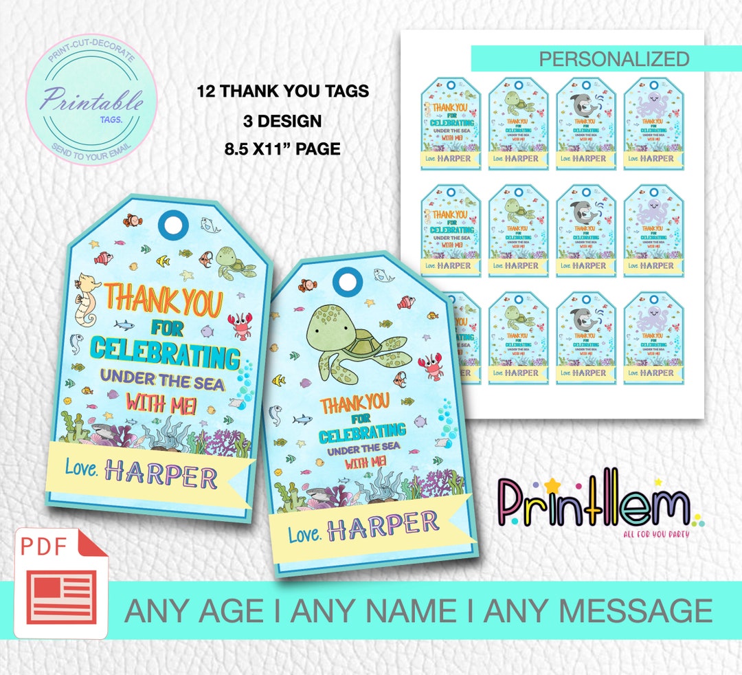 Sea Animals Thank You Tags, Printable Under the Sea Thank You Tags ...