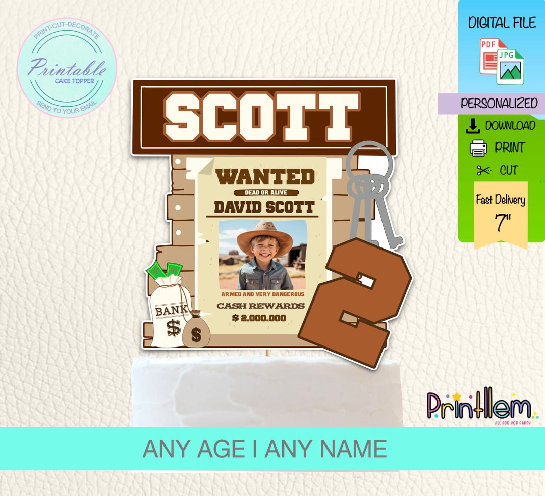 Wanted Poster Cake Topper Cowboy Theme Cake Tooper Cowboy Party ...