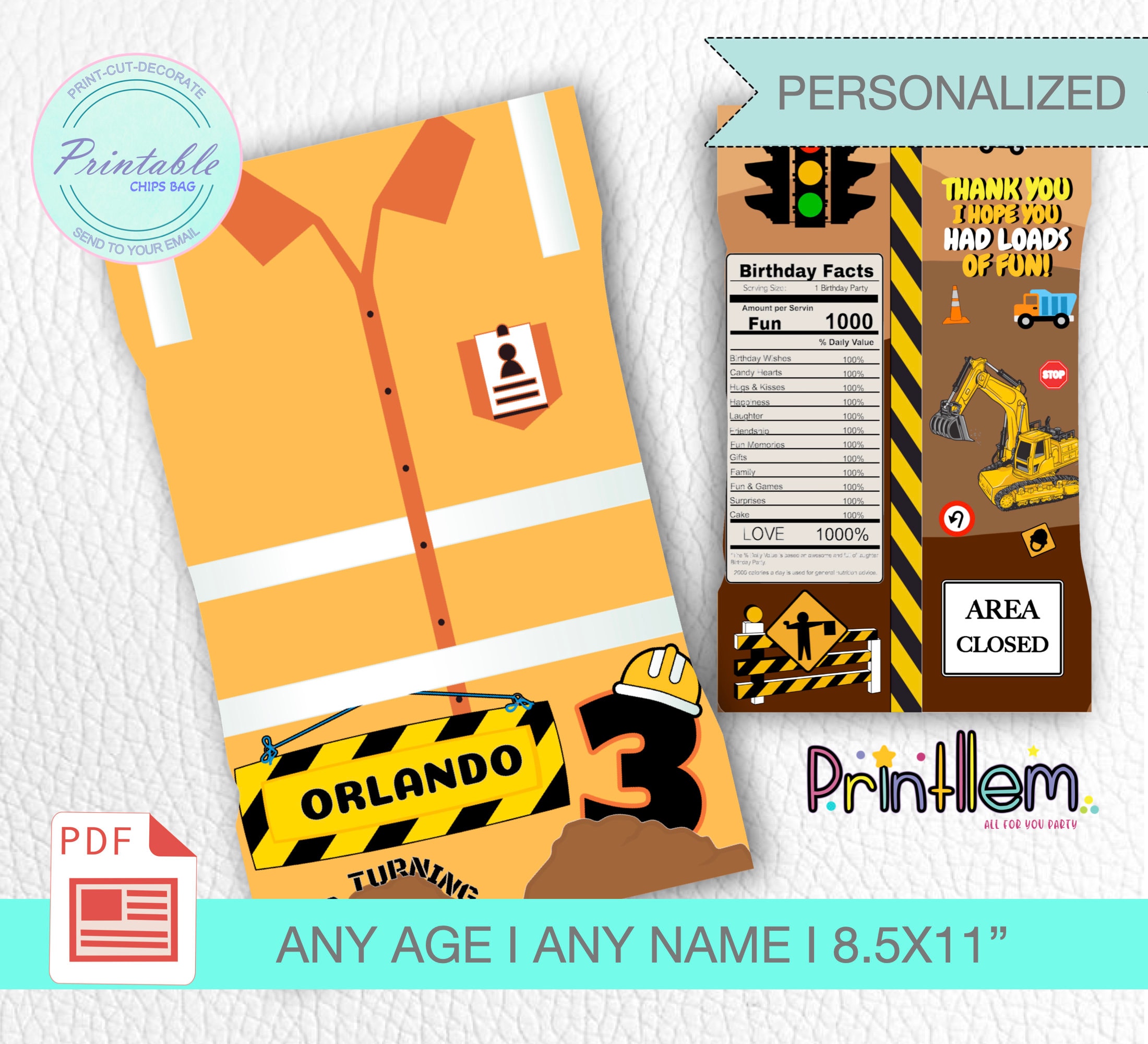 Construction Chip Bag Printable Truck Party Personalized Construction ...