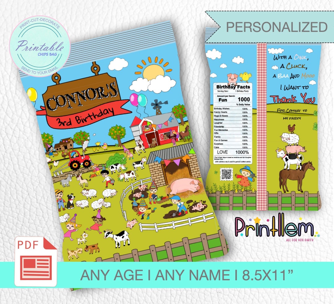 Printable Farm Chip Bag, Farm Animals Birthday Chip Bag,printable ...
