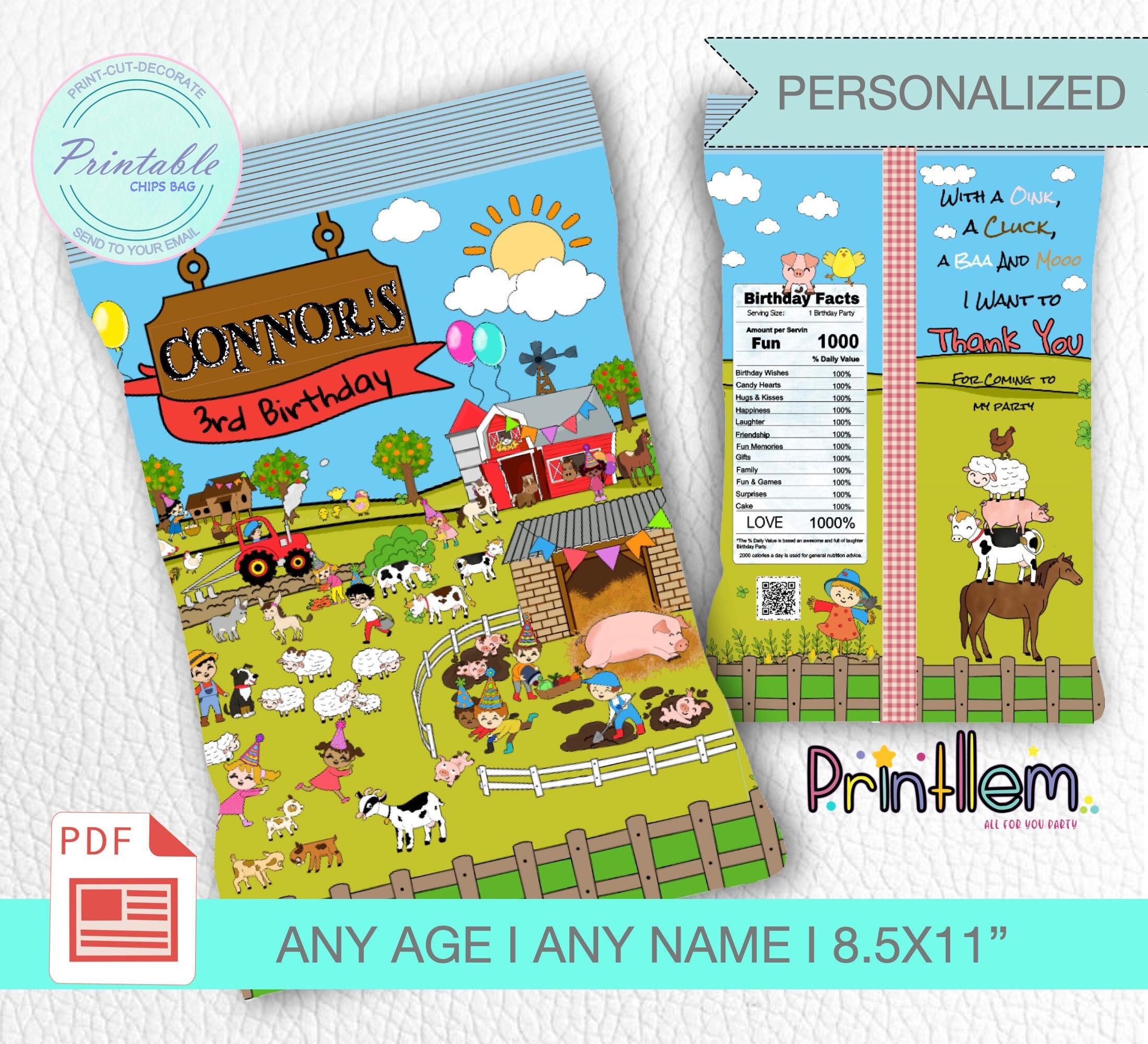 Printable Farm Chip Bag, Farm Animals Birthday Chip Bag,printable ...