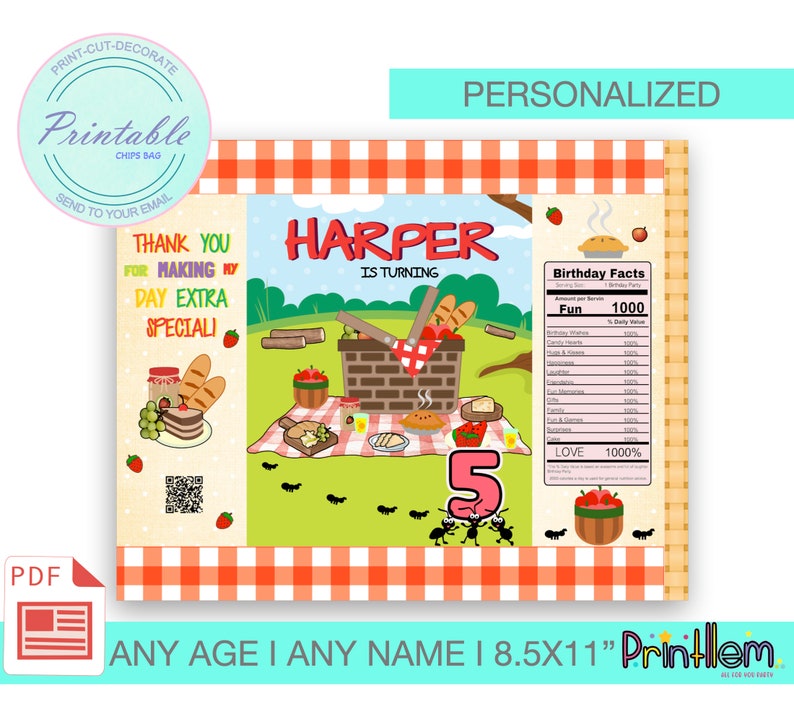 Picnic Chips Bag Printable Pic Nic Birthday Party Favor Bag ...