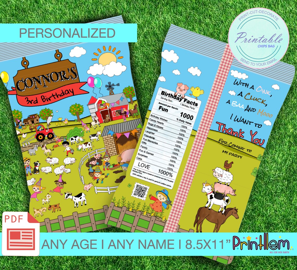 Printable Farm Chip Bag, Farm Animals Birthday Chip Bag,printable ...