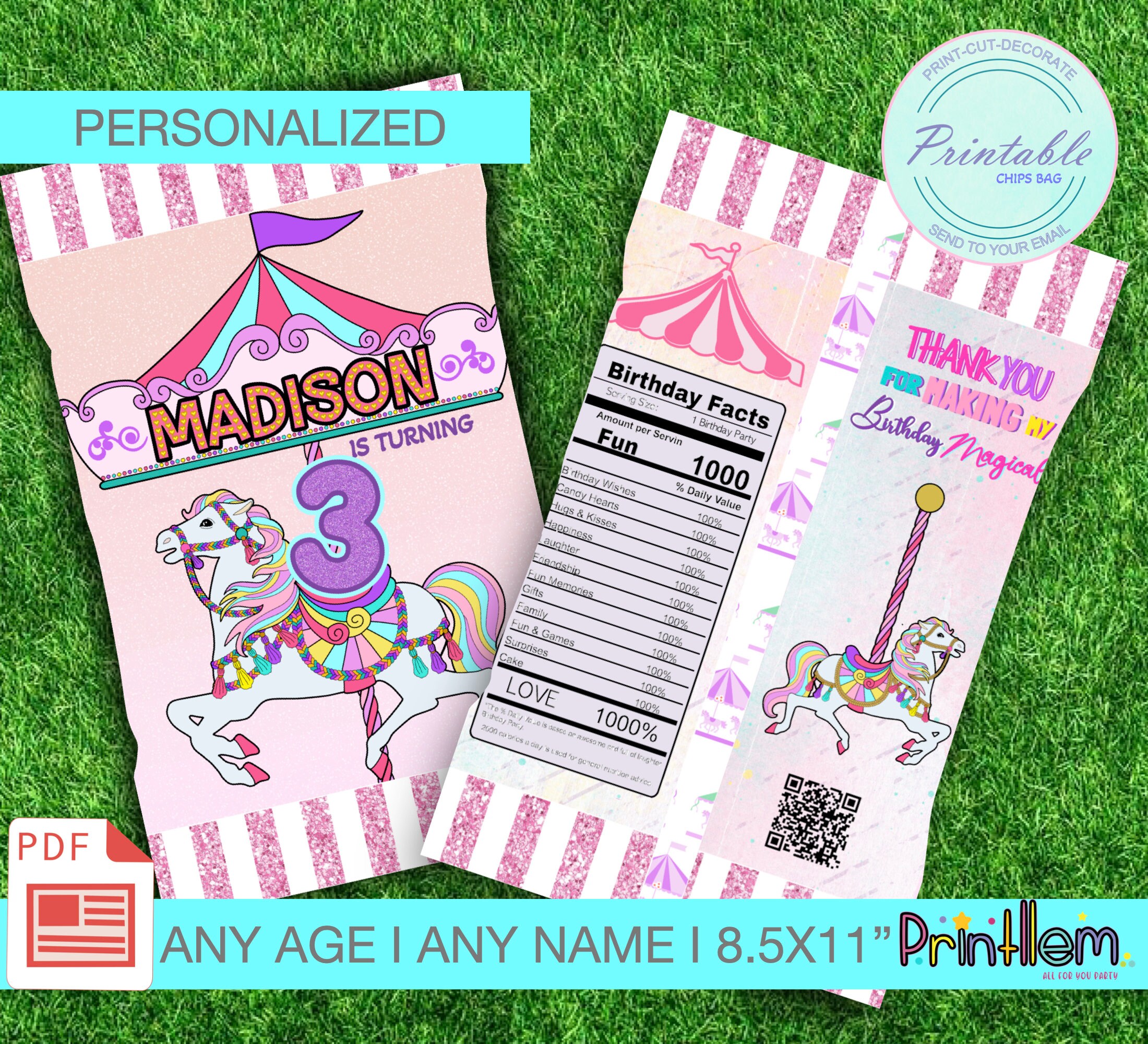 Carousel Chips Bag Printable Carousel Rainbow Snack Bag Personalized ...