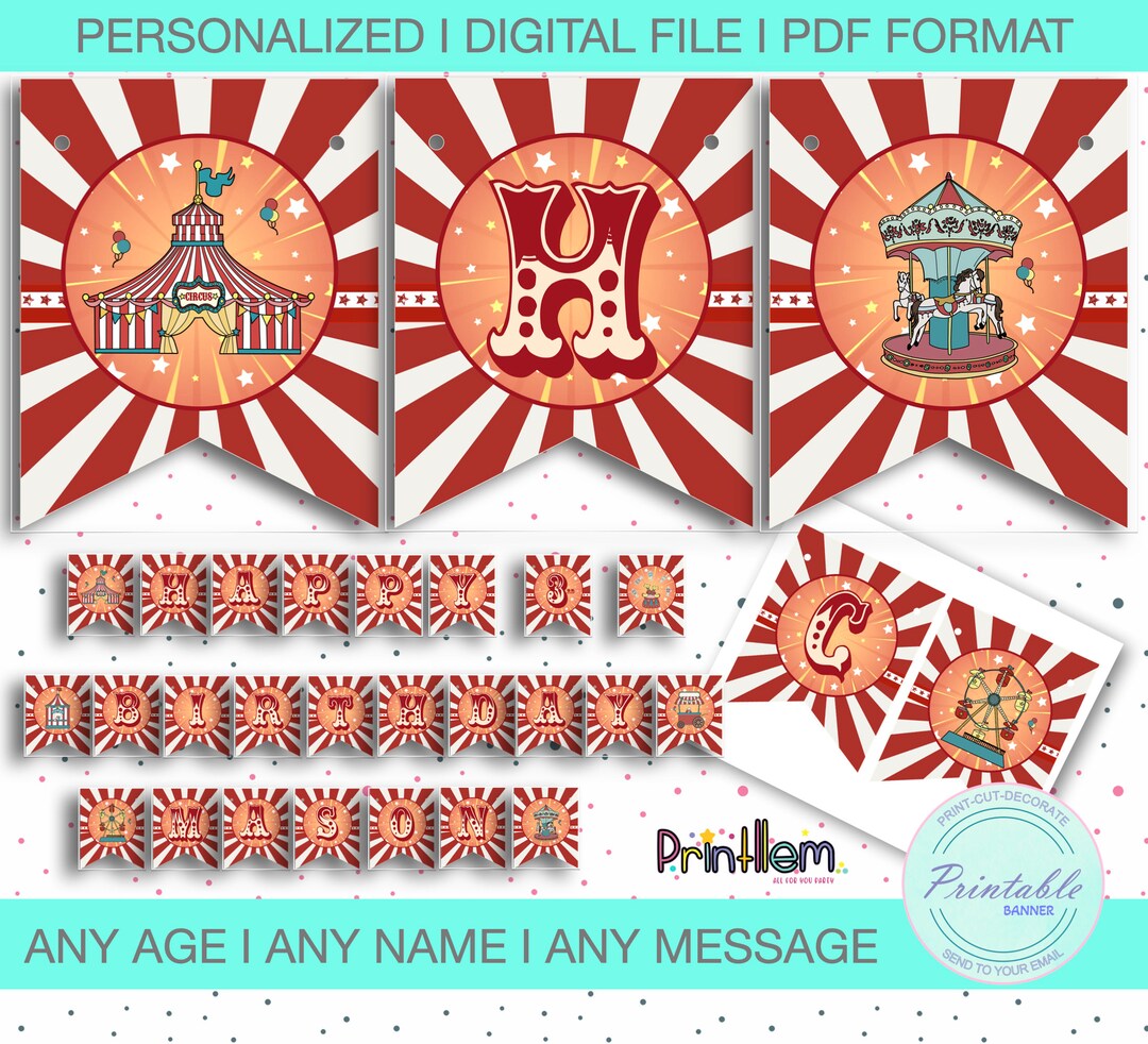 Personalized Circus Birthday Banner, Printable Party Decoration I ...