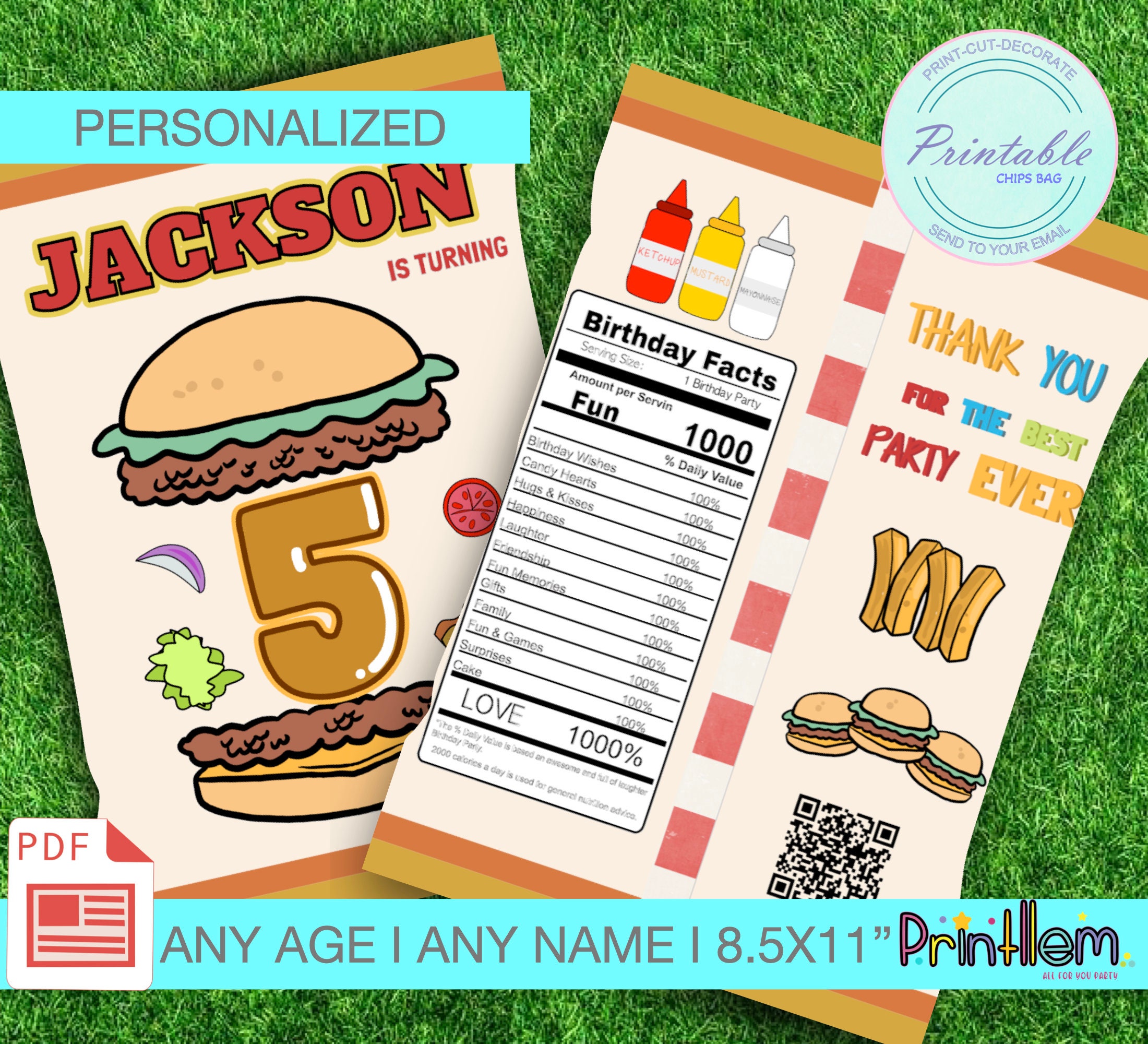 Burger Party Chip Bag Wrapper Custom Labels, Personalized Hamburger ...